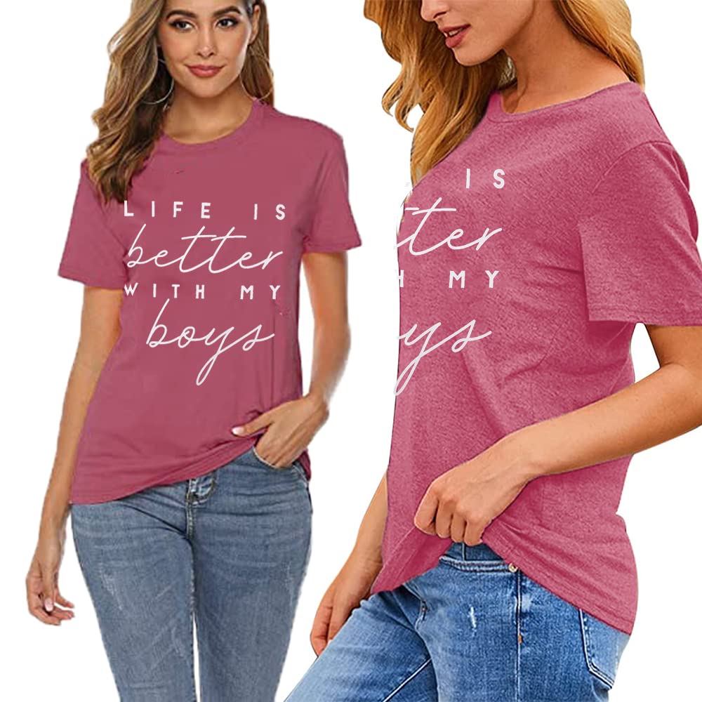 Funny Women Saying Shirt Life is Better with My Boys Summer Mama Athletic Tees Graphic Printed Beach Tee Tops, Red S