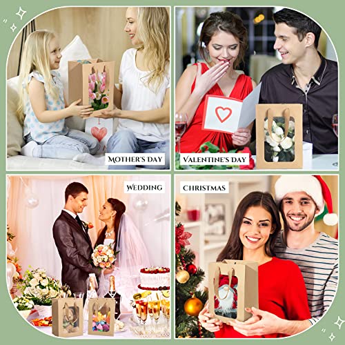 50 Pcs Paper Gift Bags with Transparent Window Kraft Shopping Bags with Handles 9.8 x 7.1 x 5.1 in Clear Gift Bags Small Transparent Window Bag for Valentine's Day Present Festival Party (Brown)