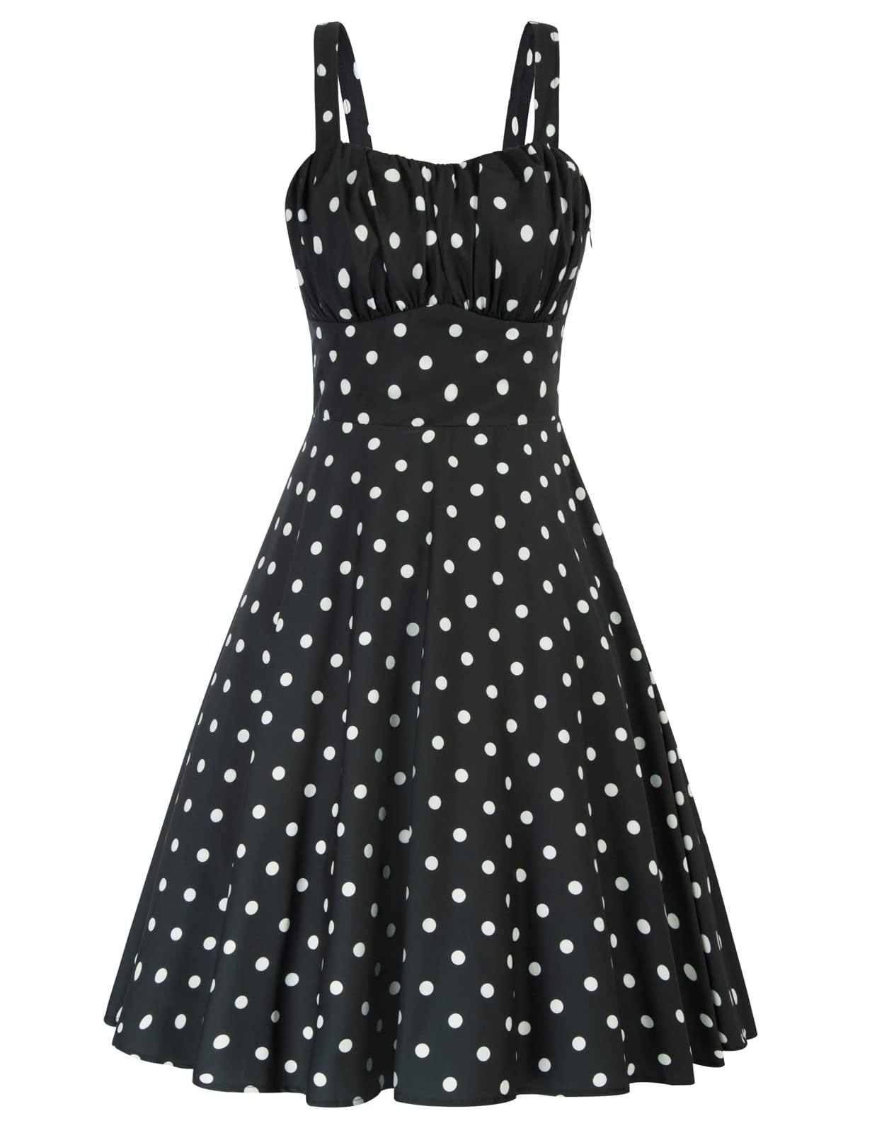 Vintage Dress for Women 1950s Summer Spaghetti Strap Ruched A-Line Flowy Swing Dress Black Polka Dot Dress L