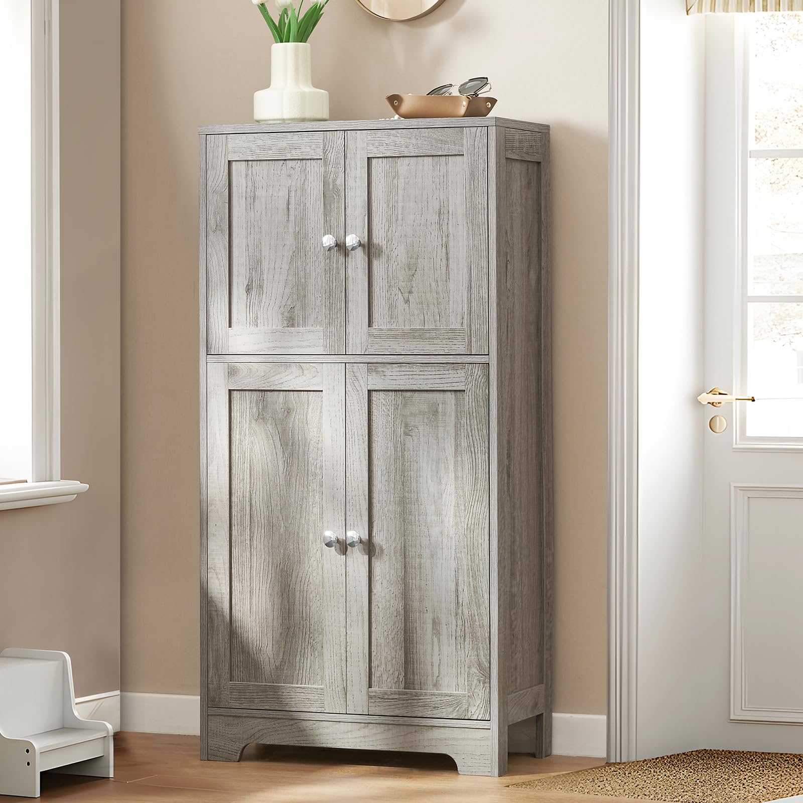 Iwell Storage Cabinet, Bathroom Cabinet with 4 Doors & 2 Adjustable Shelves, 6 Adjustable Heights, Cupboard for Living Room, Entryway, Home Office, Grey