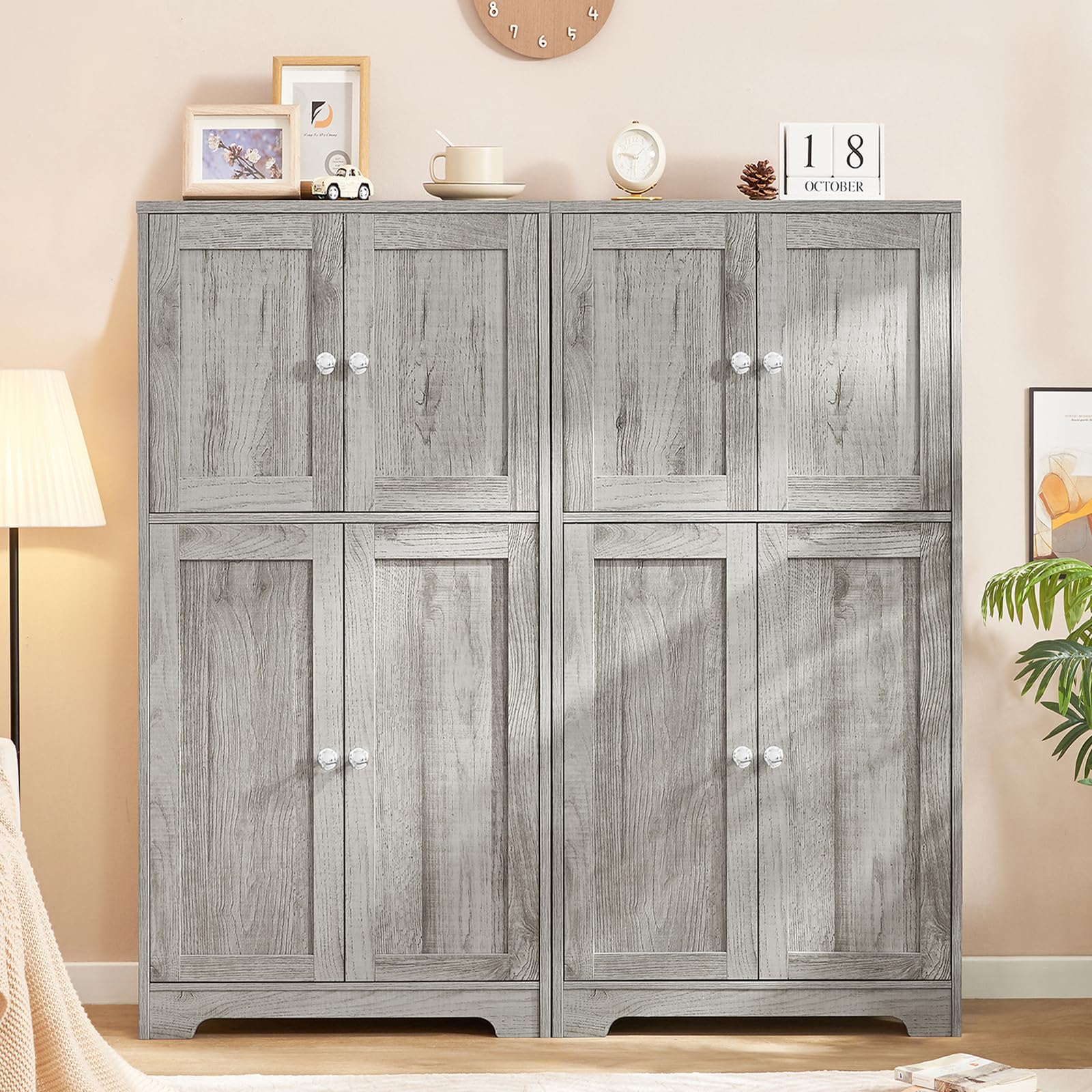 Iwell Storage Cabinet, Bathroom Cabinet with 4 Doors & 2 Adjustable Shelves, 6 Adjustable Heights, Cupboard for Living Room, Entryway, Home Office, Grey