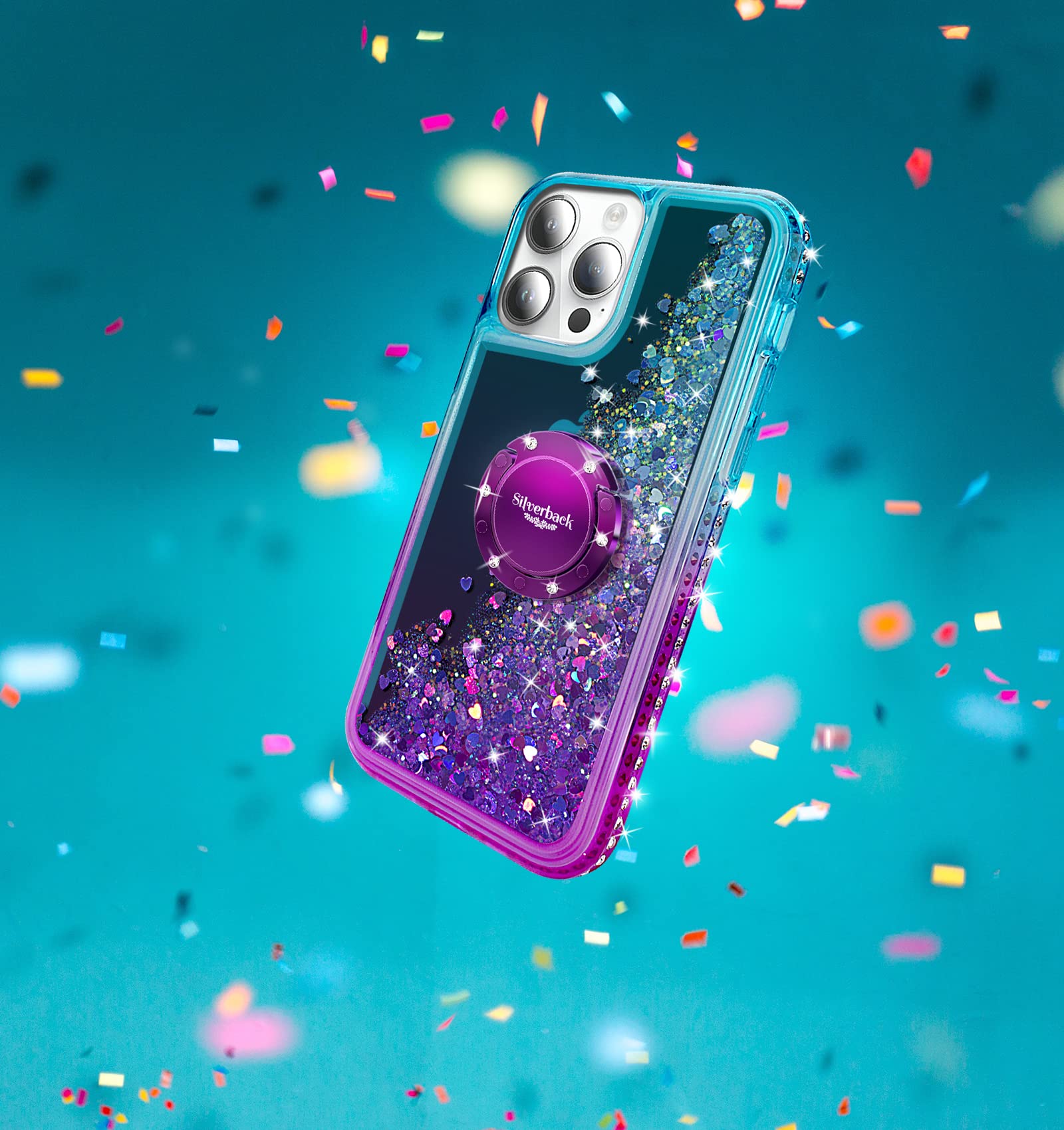 Silverback for iPhone 14 Pro Max Case, Moving Liquid Holographic Sparkle Glitter Case with Kickstand, Girls Women Bling Diamond Ring Protective Case for Apple iPhone 14 Pro Max 6.7''- Purple