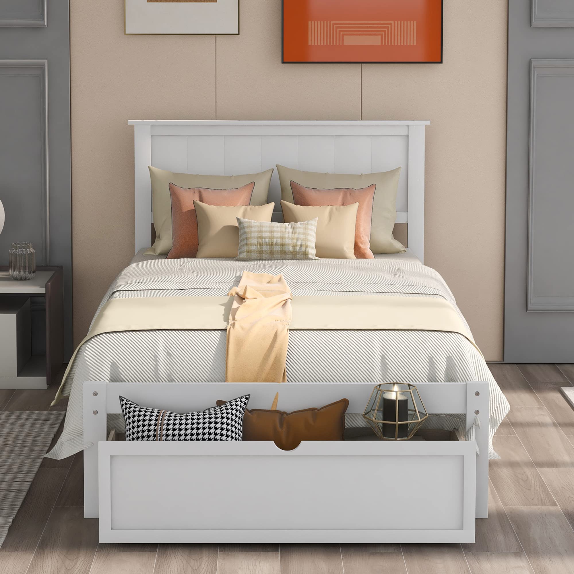Merax Twin Bed Frames, Wood Twin Platform Bed Frame with Storage Drawer, Twin Kids Bed with Headboard for Girls Boys, No Box Spring Needed,White