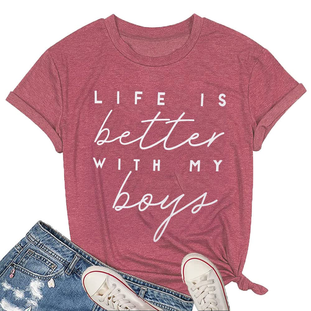 Funny Women Saying Shirt Life is Better with My Boys Summer Mama Athletic Tees Graphic Printed Beach Tee Tops, Red S