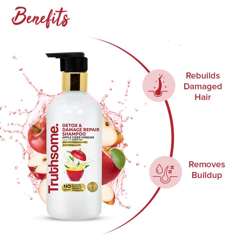 TRUTHSOME Detox & Damage Repair Shampoo with Apple Cider Vinegar & Green Tea, No Silicones, Sulphates, Parabens, Phthalates 300 ml