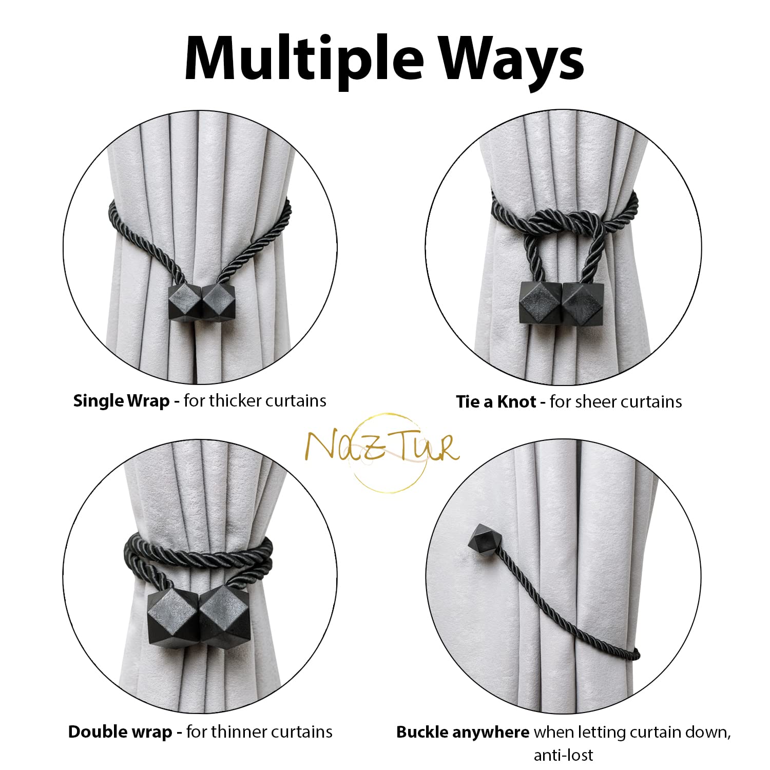 NazTur Magnetic Curtain Tiebacks- Upgrade 2022 with a Thicker Twist Rope & Strong Magnet Tieback Window Treatment Holdbacks Draperies Holders Decorative Drape Handmade Tie Back (Black, 4)