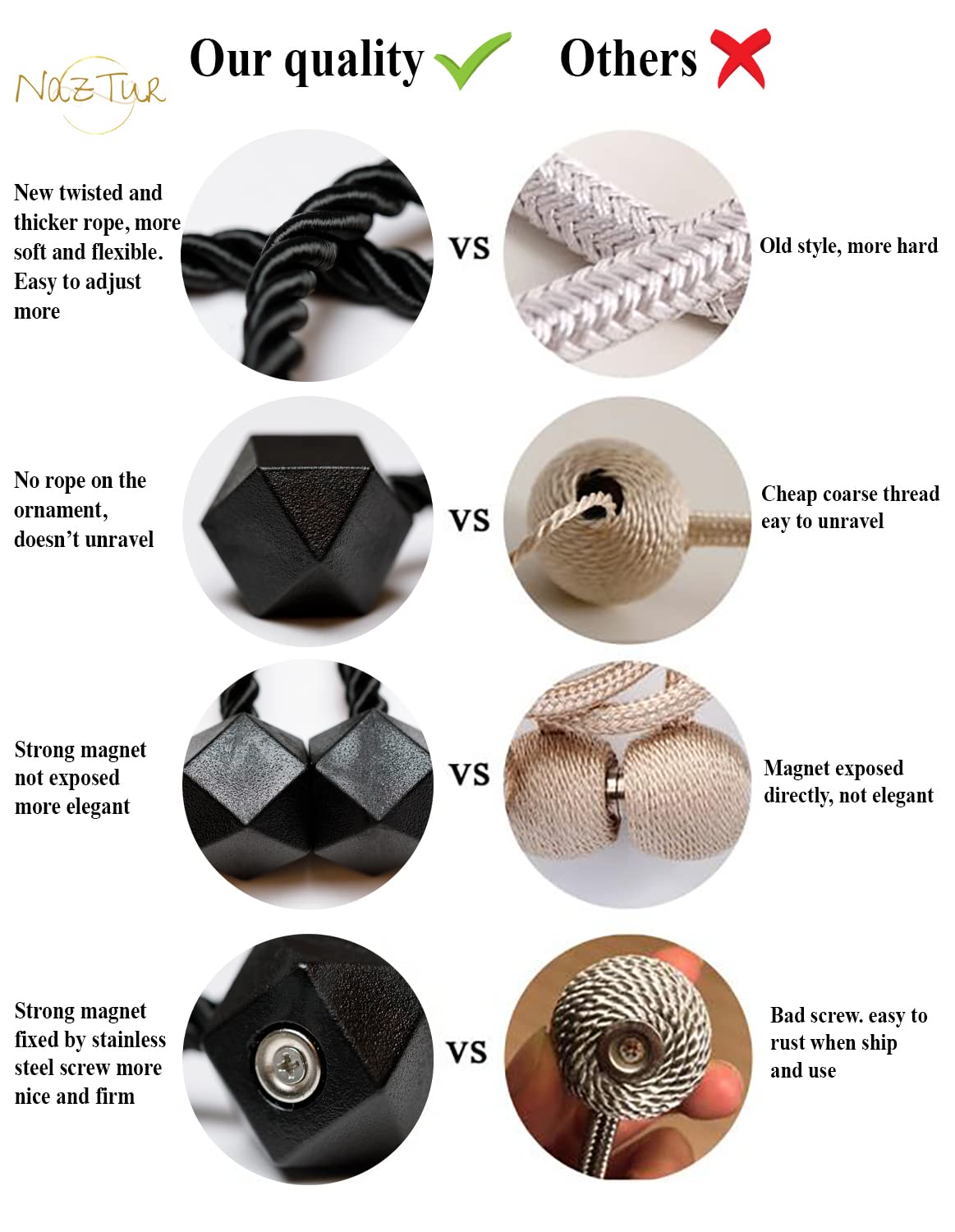 NazTur Magnetic Curtain Tiebacks- Upgrade 2022 with a Thicker Twist Rope & Strong Magnet Tieback Window Treatment Holdbacks Draperies Holders Decorative Drape Handmade Tie Back (Black, 4)