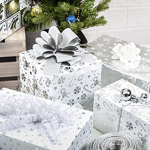 WRAPAHOLIC Christmas Wrapping Paper Roll - Silver Snowflakes, Candy Cane Holiday Collection with Metallic Foil Shine - 4 Rolls - 30 Inch X 120 Inch Per Roll