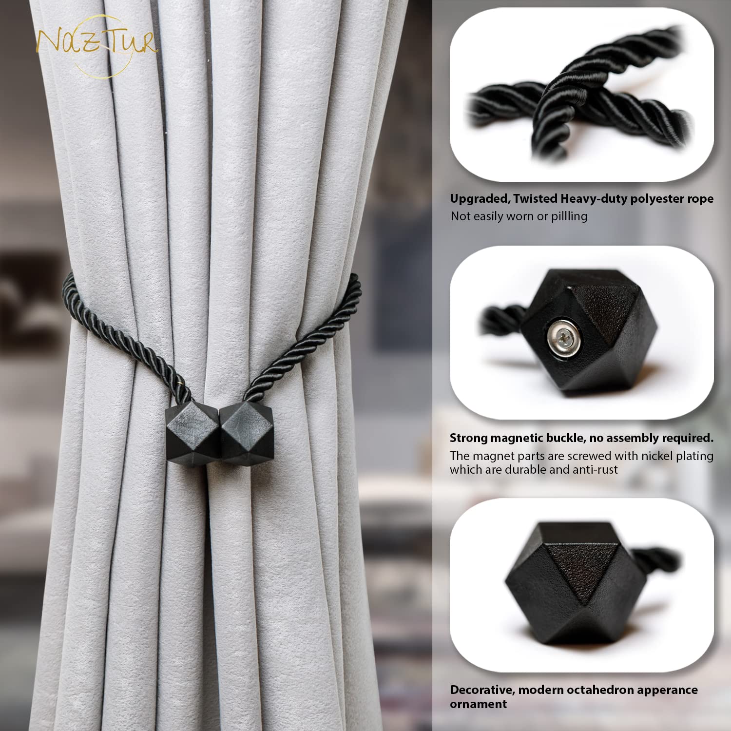 NazTur Magnetic Curtain Tiebacks- Upgrade 2022 with a Thicker Twist Rope & Strong Magnet Tieback Window Treatment Holdbacks Draperies Holders Decorative Drape Handmade Tie Back (Black, 4)
