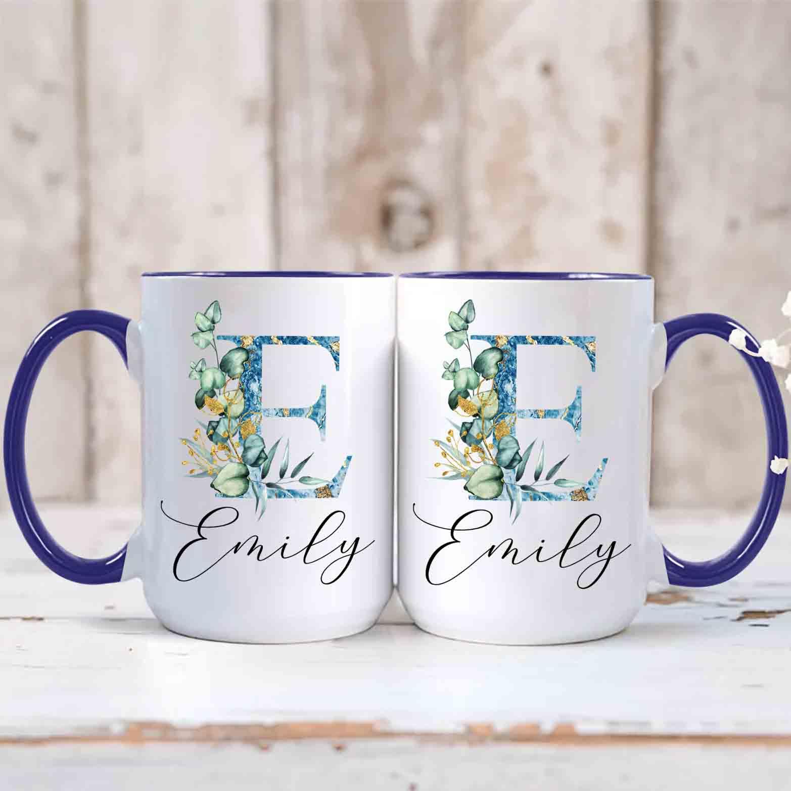 Yanria Personalized Floral Alphabet Mug, Ceramic, 11oz, Microwave & Dishwasher Safe, Custom Name Mug Gift for Women & Men