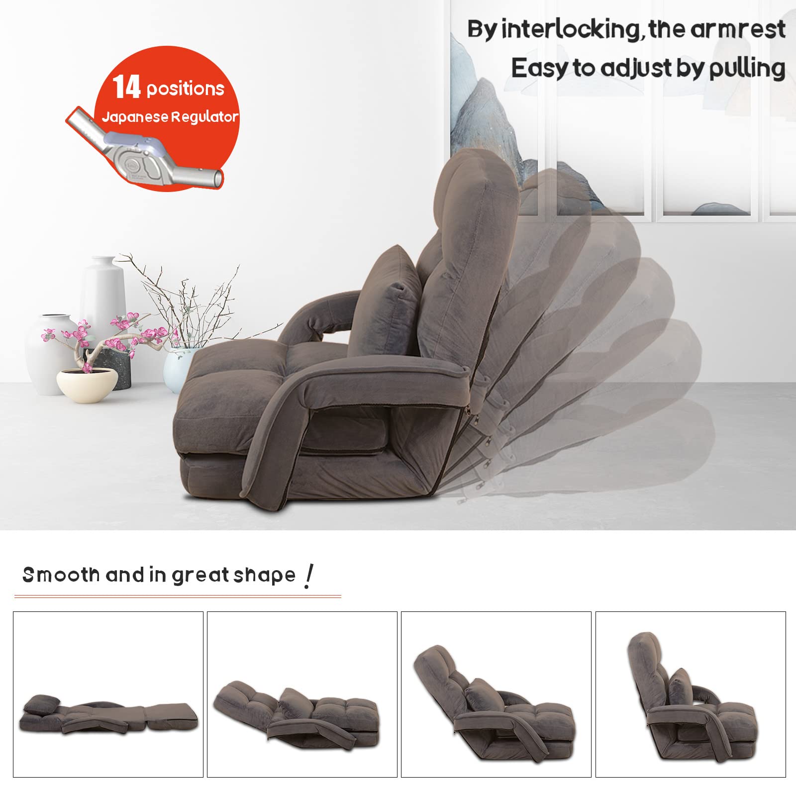 FLOGUOR Indoor Chaise Lounge Sofa Floor Chair with Back Support for Adults Folding Lazy Sofa with Armrests and Pillow Gaming Chairs 8808CO