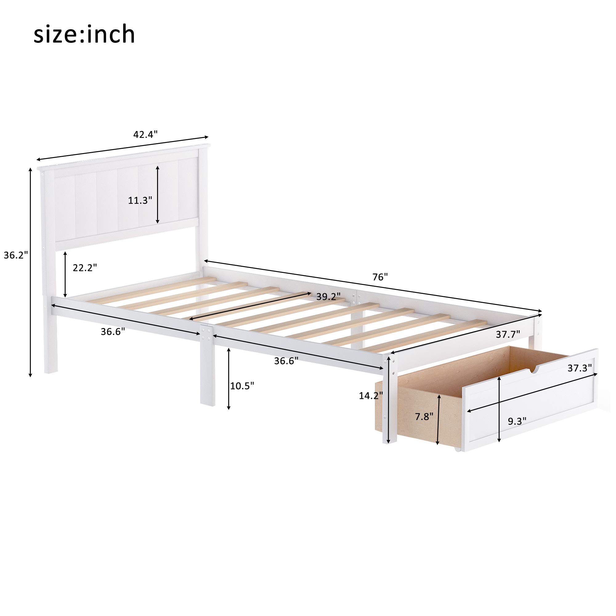 Merax Twin Bed Frames, Wood Twin Platform Bed Frame with Storage Drawer, Twin Kids Bed with Headboard for Girls Boys, No Box Spring Needed,White
