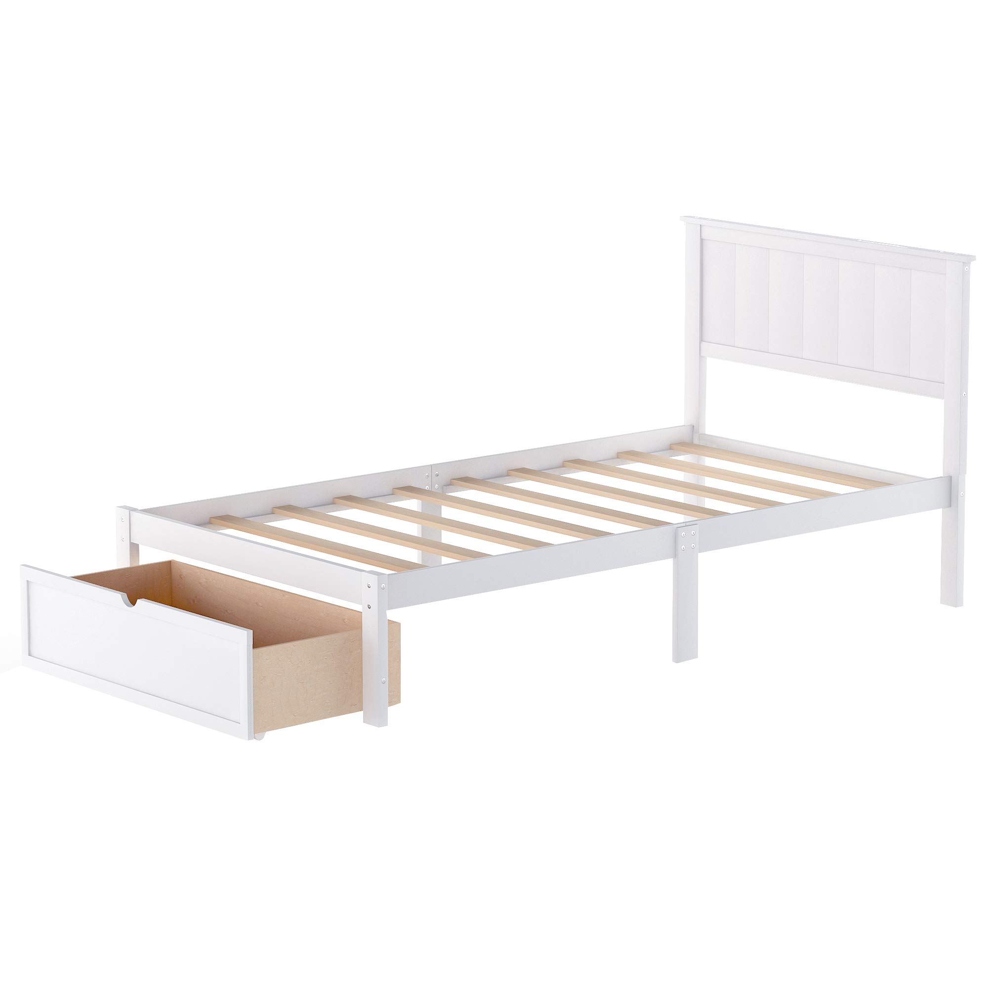 Merax Twin Bed Frames, Wood Twin Platform Bed Frame with Storage Drawer, Twin Kids Bed with Headboard for Girls Boys, No Box Spring Needed,White
