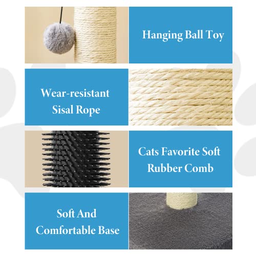 MeowHomm 32" Cat Scratching Post with Self Groomer Cat Brush, Sisal Rope Tall Cat Scratching Post with Soft Hanging Ball for Indoor Cats, Cat Claw Scratcher Covered with Soft Smooth Plush