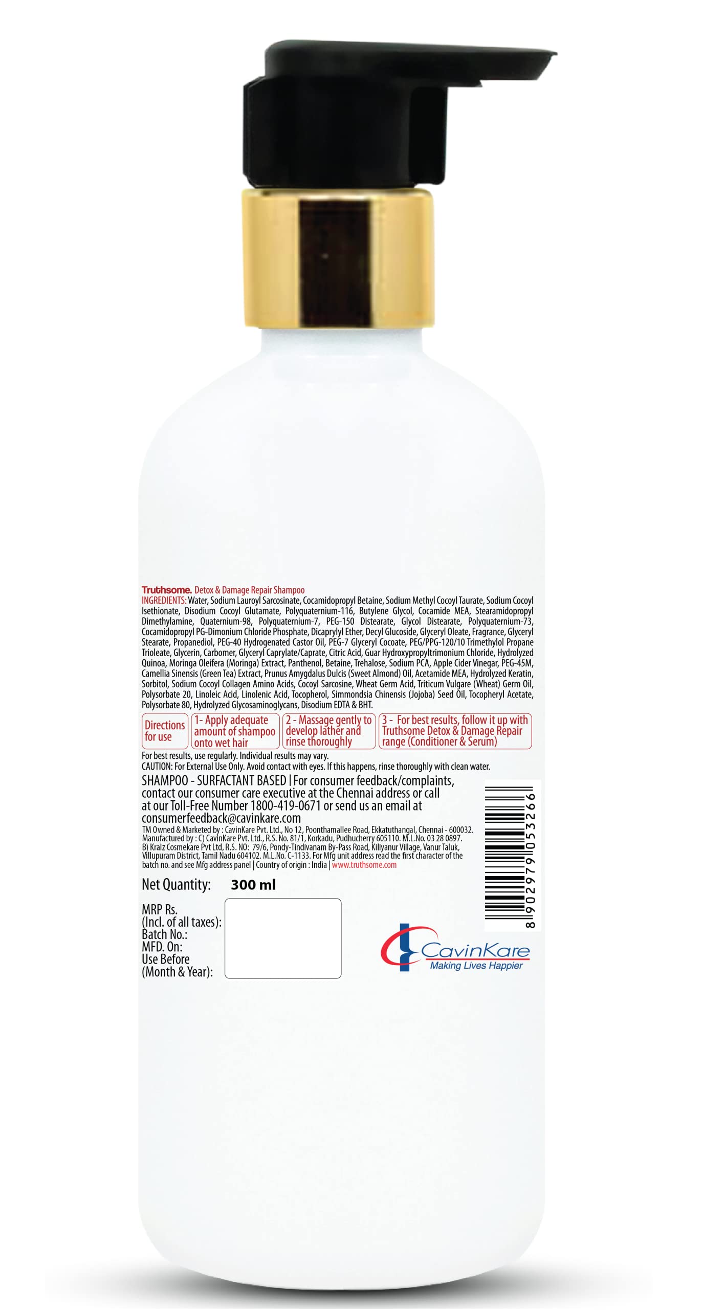 TRUTHSOME Detox & Damage Repair Shampoo with Apple Cider Vinegar & Green Tea, No Silicones, Sulphates, Parabens, Phthalates 300 ml