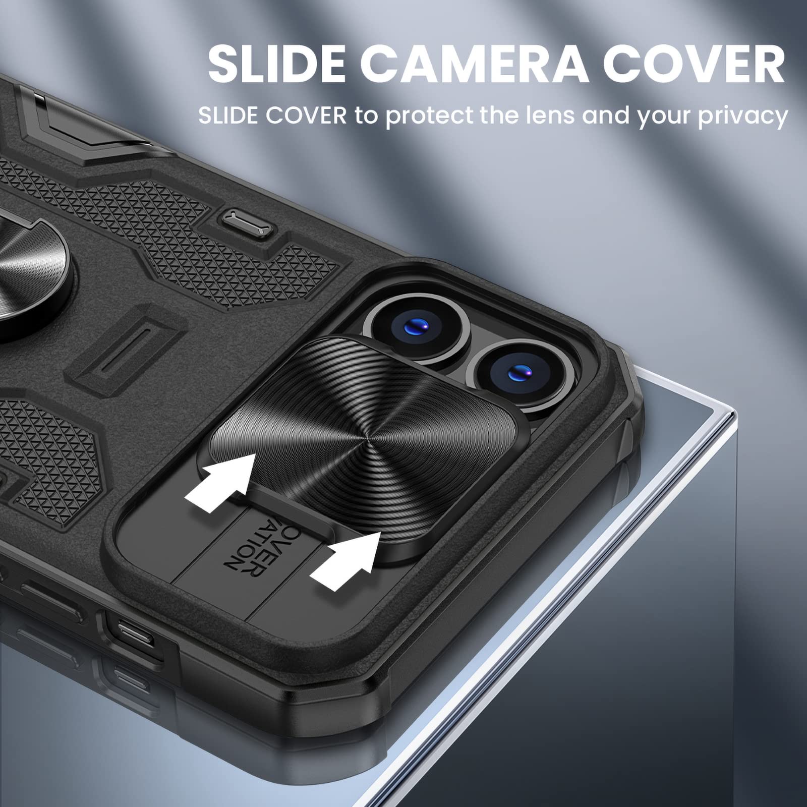 VEGO for iPhone 13 Pro Max Case with Slide Camera Cover, Built-in 360° Rotate Ring Kickstand Magnetic Shockproof Cover Case for iPhone 13 Pro Max & iPhone 12 Pro Max 6.7 inch - Black