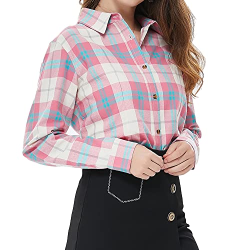Beninos Women's Flannel Plaid Button Down Shirt Casual Blouses (4037 Pink, M)