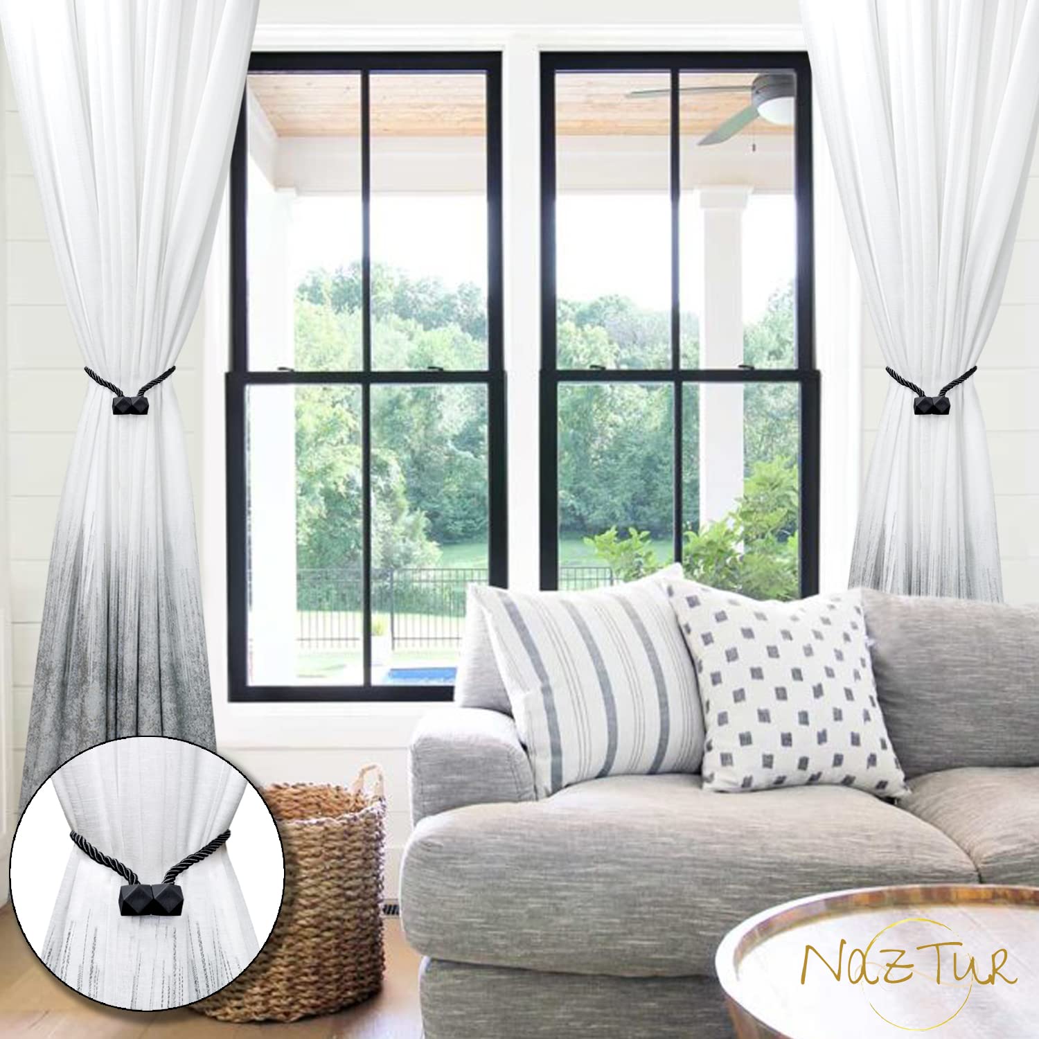 NazTur Magnetic Curtain Tiebacks- Upgrade 2022 with a Thicker Twist Rope & Strong Magnet Tieback Window Treatment Holdbacks Draperies Holders Decorative Drape Handmade Tie Back (Black, 4)