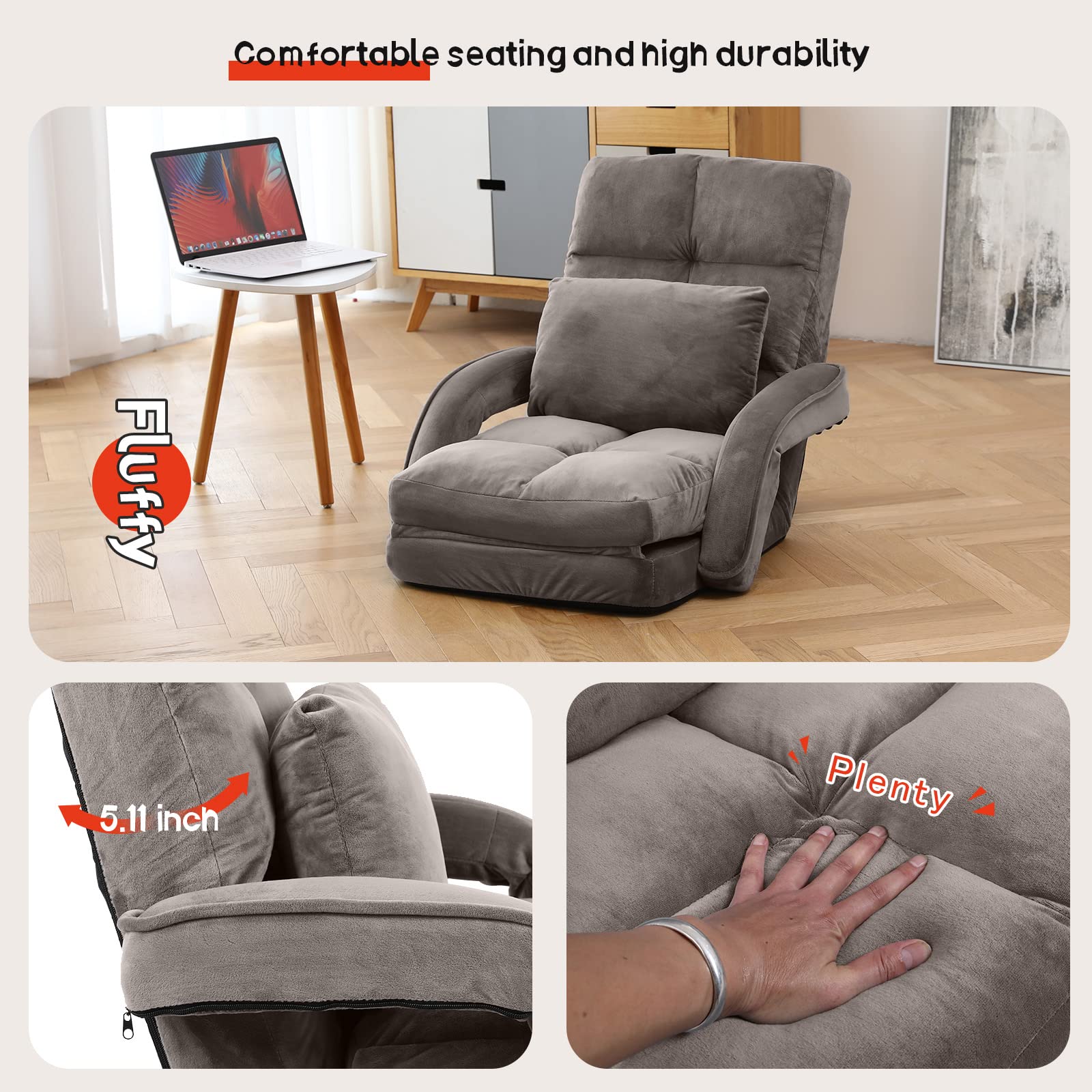 FLOGUOR Indoor Chaise Lounge Sofa Floor Chair with Back Support for Adults Folding Lazy Sofa with Armrests and Pillow Gaming Chairs 8808CO