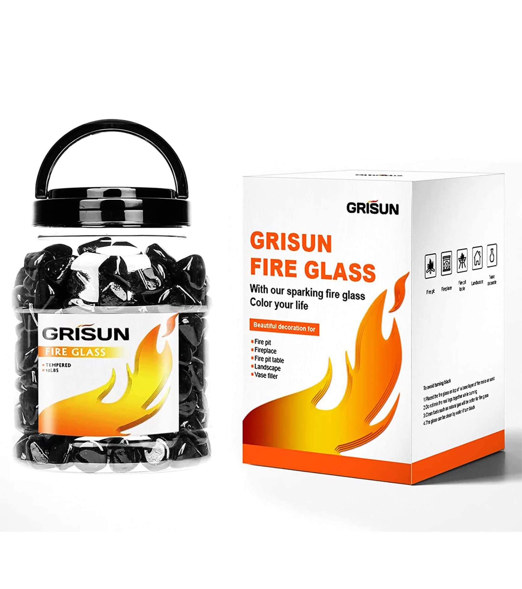 GRISUN Onyx Black Fire Glass Diamonds for Fire Pit, 1 Inch High Luster Reflective Tempered Glass Rocks for Natural or Propane Fireplace, Safe for Outdoors and Indoors Firepit Glass, 10 Pounds