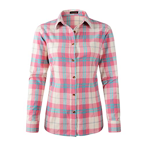 Beninos Women's Flannel Plaid Button Down Shirt Casual Blouses (4037 Pink, M)