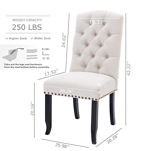 COLAMY Button Tufted Dining Chairs Set of 2, Upholstered Parsons Dining Room Chairs, Fabric Kitchen Side Chair with Nailhead Trim and Wood Legs,Beige