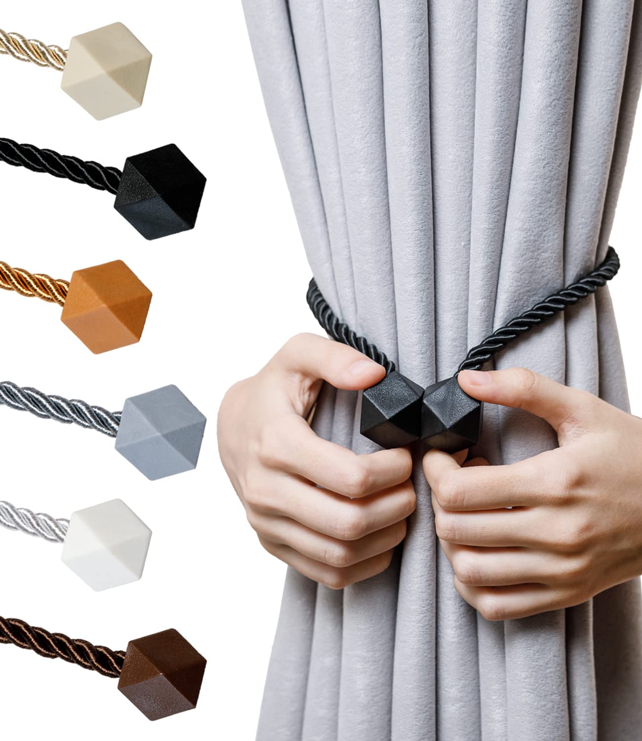 NazTur Magnetic Curtain Tiebacks- Upgrade 2022 with a Thicker Twist Rope & Strong Magnet Tieback Window Treatment Holdbacks Draperies Holders Decorative Drape Handmade Tie Back (Black, 4)