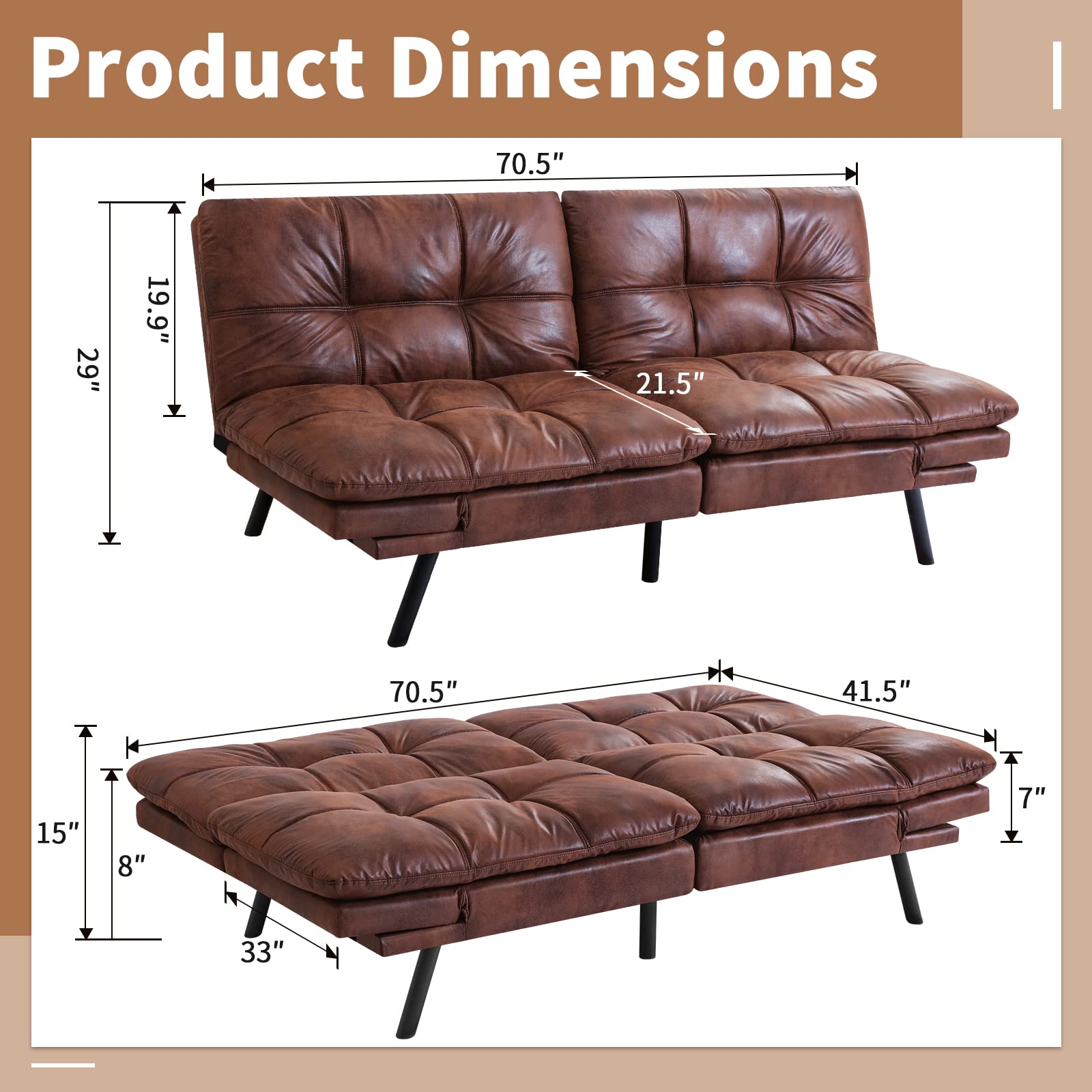 IULULU Brown Memory Foam Futon Couch Bed, Modern Folding Sleeper Sofa with Quick Adjustable Armrest and Backrest for Studio Apartment, Dorm, Living, Guest Room, Home Office