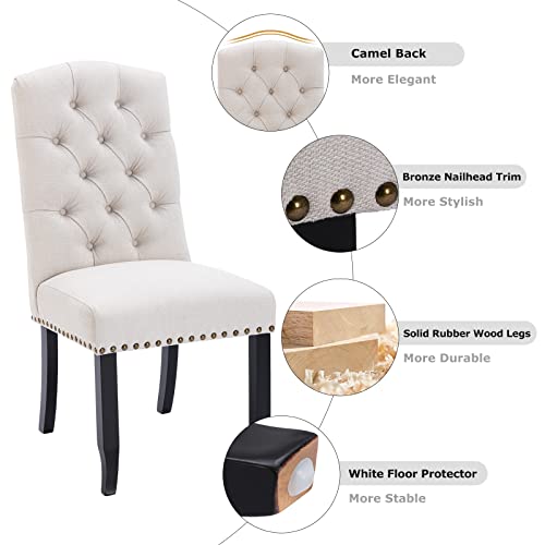 COLAMY Button Tufted Dining Chairs Set of 2, Upholstered Parsons Dining Room Chairs, Fabric Kitchen Side Chair with Nailhead Trim and Wood Legs,Beige