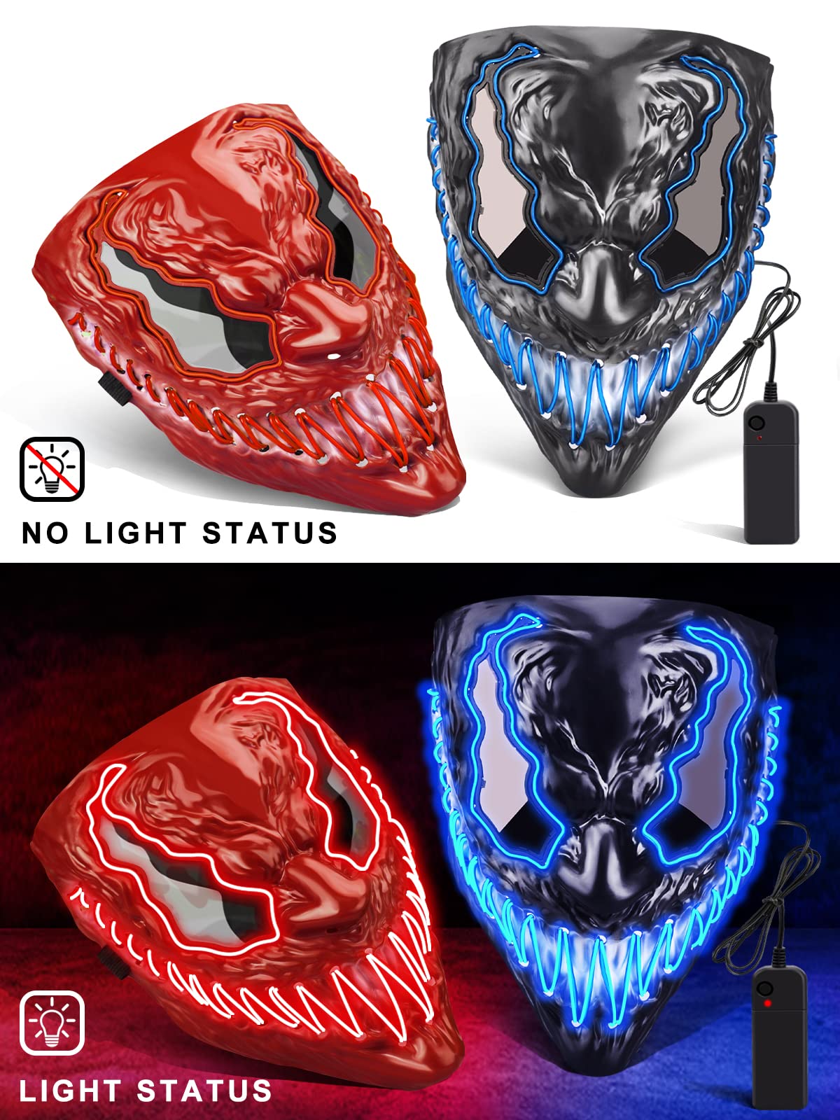 Venobat Mask Halloween LED Light Up Mask for Adults Kids: 2 Pack Dark and Evil Glowing Eyes Neon Mask with 3 Lighting Modes EL Wire - Ideal Gift for Men Women Costume Party - Blue Red