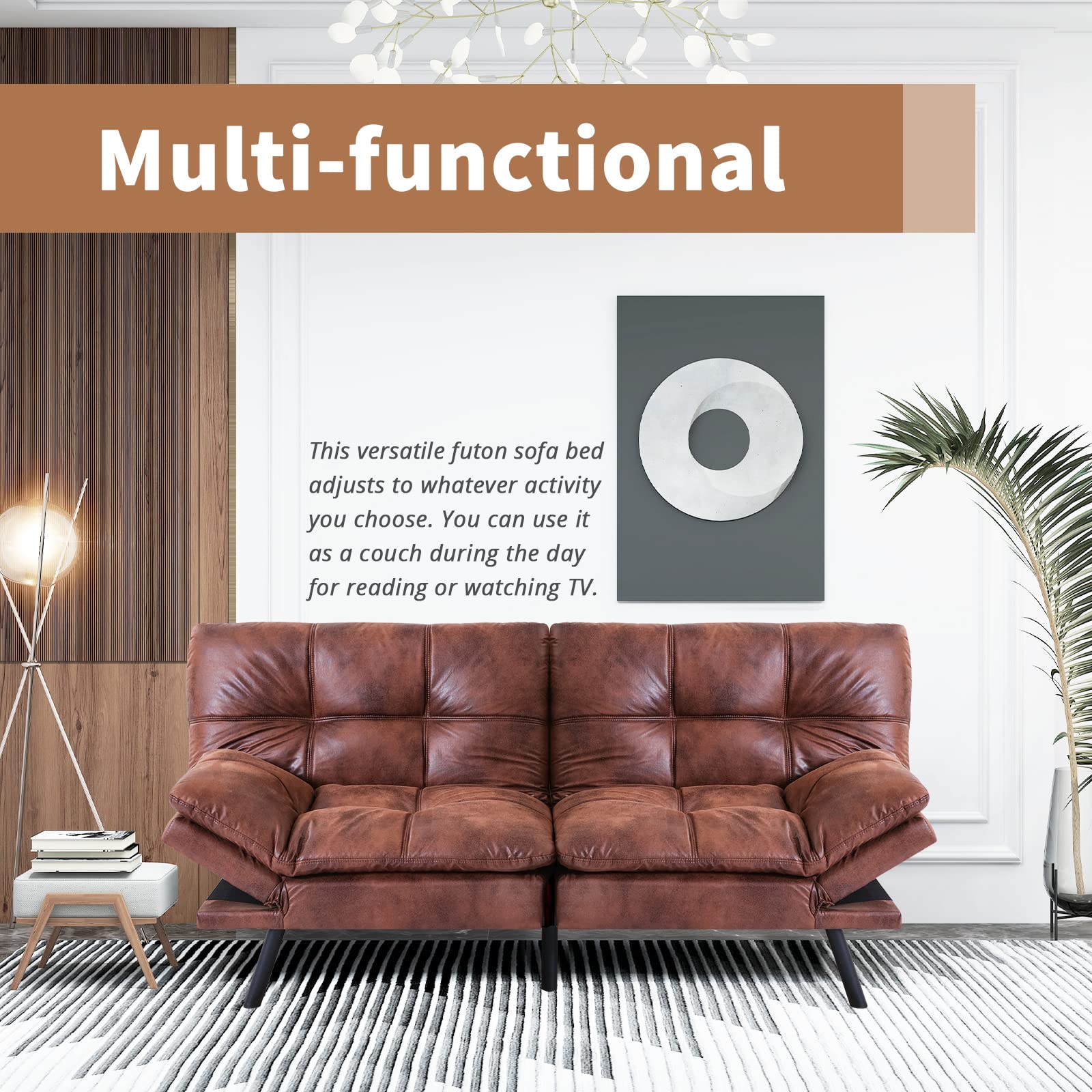 IULULU Brown Memory Foam Futon Couch Bed, Modern Folding Sleeper Sofa with Quick Adjustable Armrest and Backrest for Studio Apartment, Dorm, Living, Guest Room, Home Office