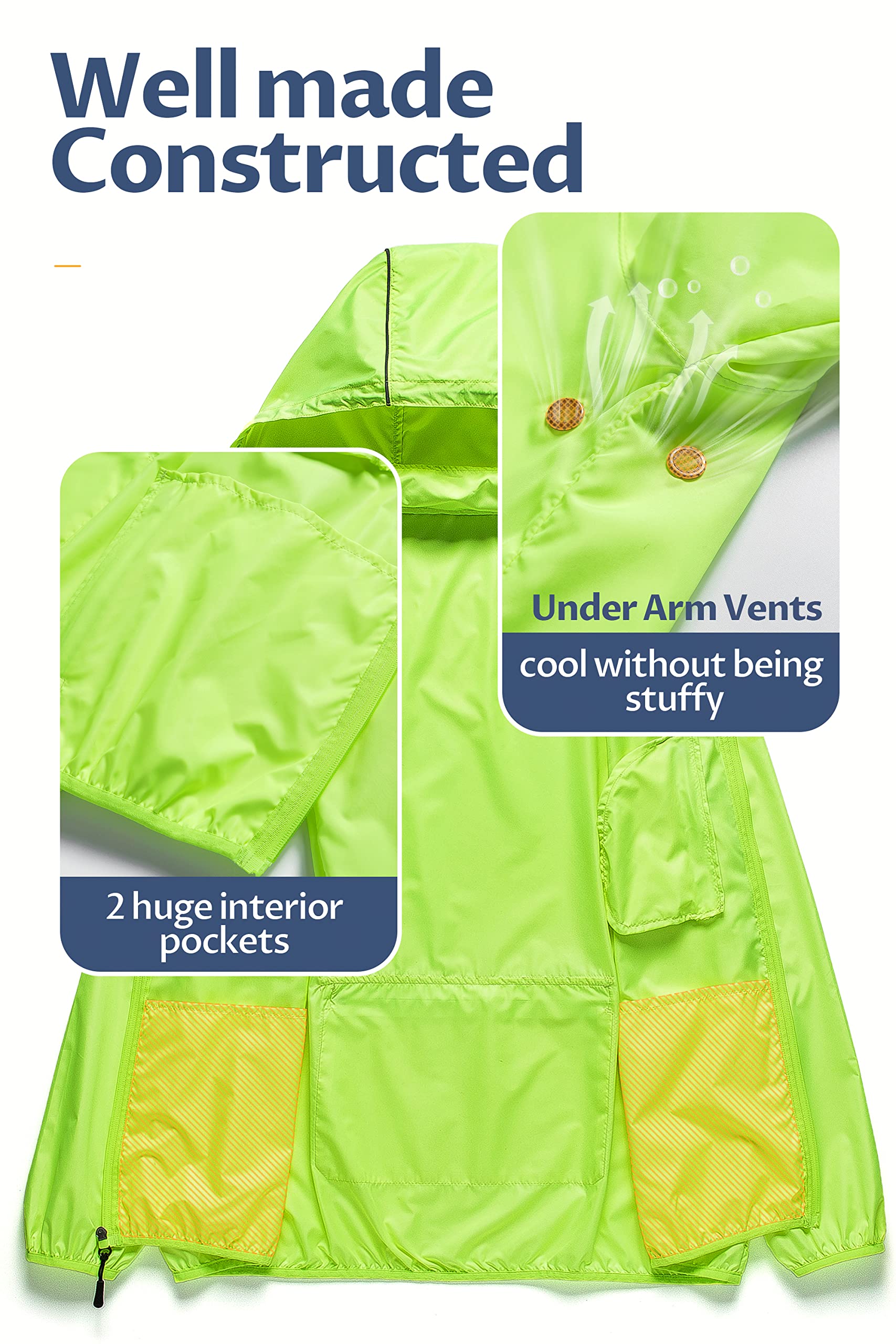 CREATMO US Mens Waterproof Windbreaker Rain Jacket Lightweight Hooded Raincoat Water Resistant Cycling Jackets Yellow 3XL