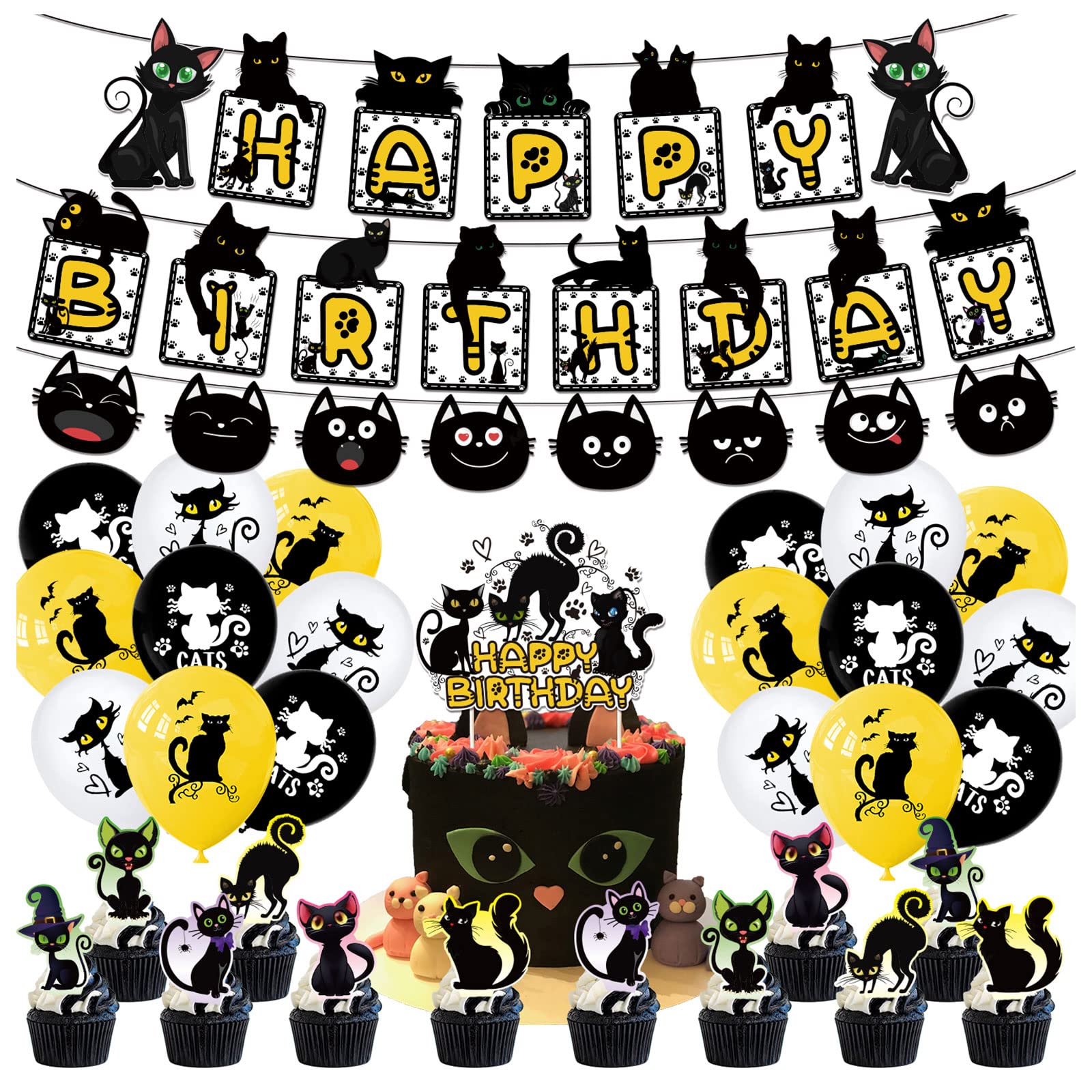 Black Cat Party Decorations Set Inlcudes Black Cat Happy Birthday Banner, Cake Topper, Cupcake Topper, Ballloons for Kids Cat Birthday Party Supplies