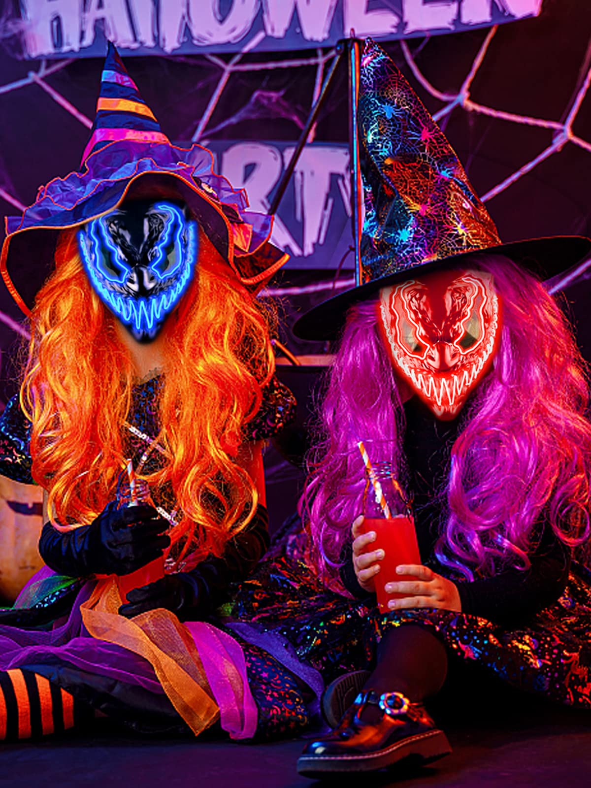 Venobat Mask Halloween LED Light Up Mask for Adults Kids: 2 Pack Dark and Evil Glowing Eyes Neon Mask with 3 Lighting Modes EL Wire - Ideal Gift for Men Women Costume Party - Blue Red
