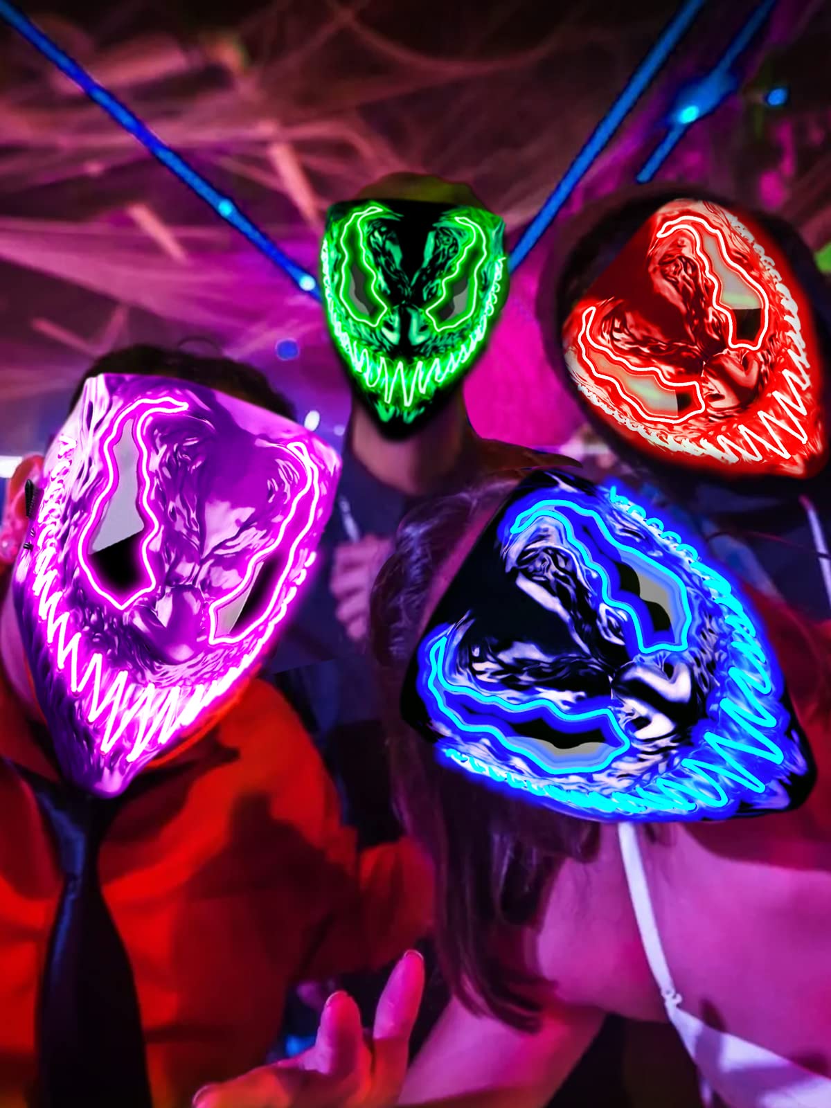 Venobat Mask Halloween LED Light Up Mask for Adults Kids: 2 Pack Dark and Evil Glowing Eyes Neon Mask with 3 Lighting Modes EL Wire - Ideal Gift for Men Women Costume Party - Blue Red