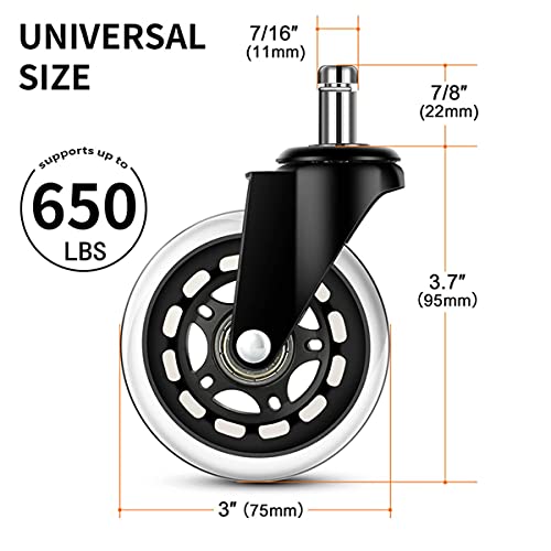 Office Chair Caster Wheels,Set of 5 - Protect Your Floor for Hardwood and Carpet - Quick & Quiet Rolling- Rubber Chair Casters Replacement