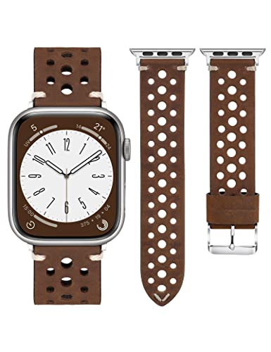 Crodi Compatible with Apple Watch Band Leather 45mm 44mm 42mm Men Retro Band Vintage Genuine Leather Rally Sports Strap for iWatch Bands Series 9 8 7 6 5 4 3 2 1 SE, Retro Walnut/Silver