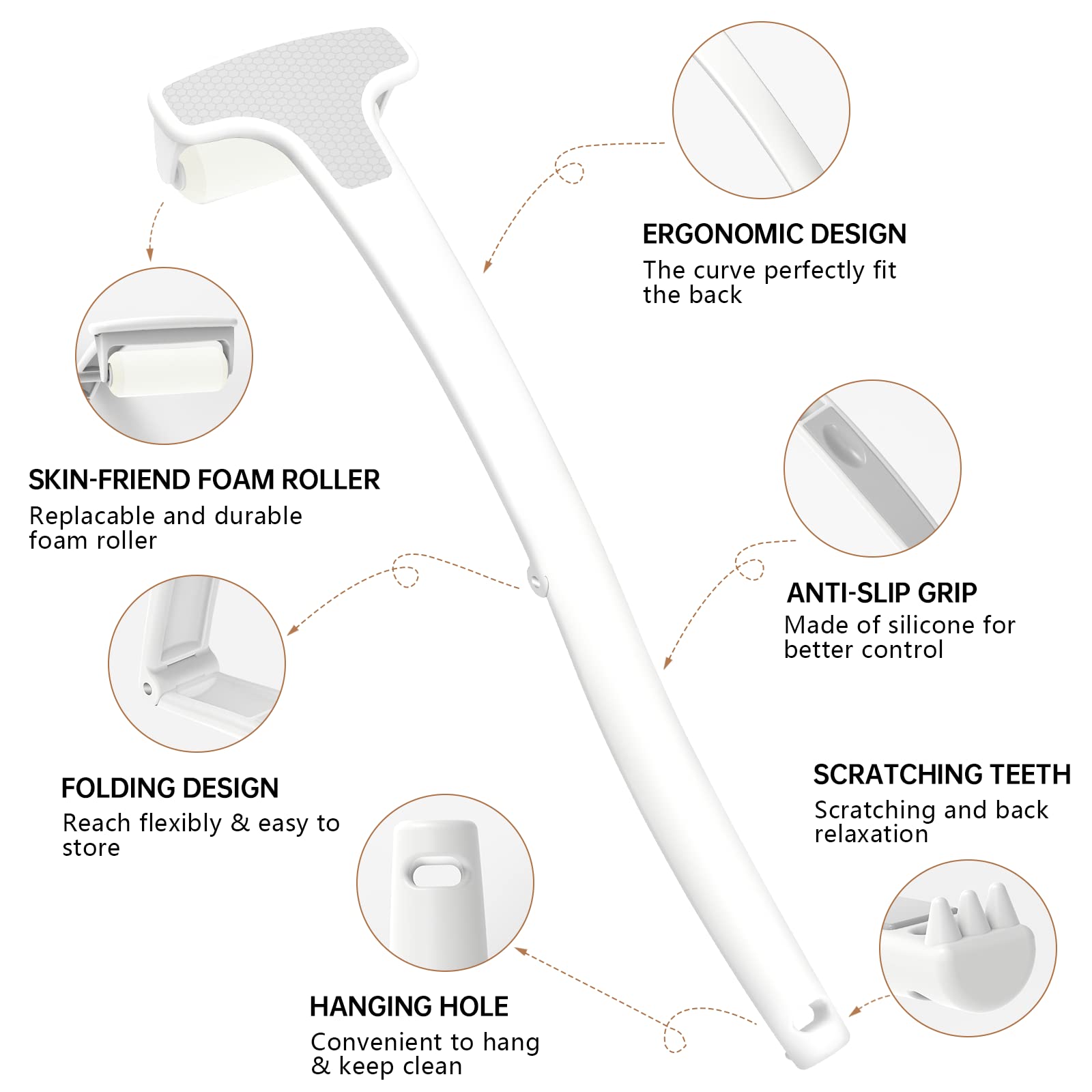 KUMSANITE Lotion Applicator for Back & Body with Folding Curved Long Handle for Any Lotions Sunscreen Cream Medication Ointment for Women Men, 2 Replaceable Foam Rollers with Bracket (White)