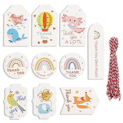 Thank You Tags, Gift Wrap Tags with String, 50Pcs Thanks Tags Cute Animal Hanging Tags for Baby Shower, Birthday, Wedding, Special Events, Party Favors with 50Pcs Cotton String (A)