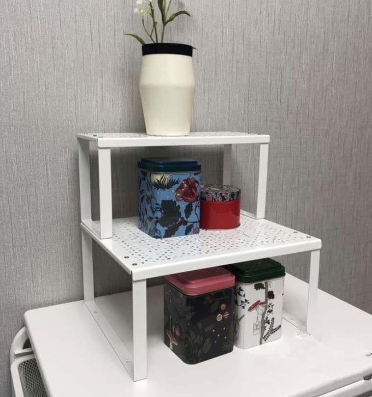 1 Pcs White Countertop Organizer,Cupboard Stand Spice Rack,Foldable Shelf Organizer 12.5x11",Steel Plate Insert & Pull-Out Organizers Stack with Screws for Cups Jars Bowl Spice Racks Kitchen Bathroom