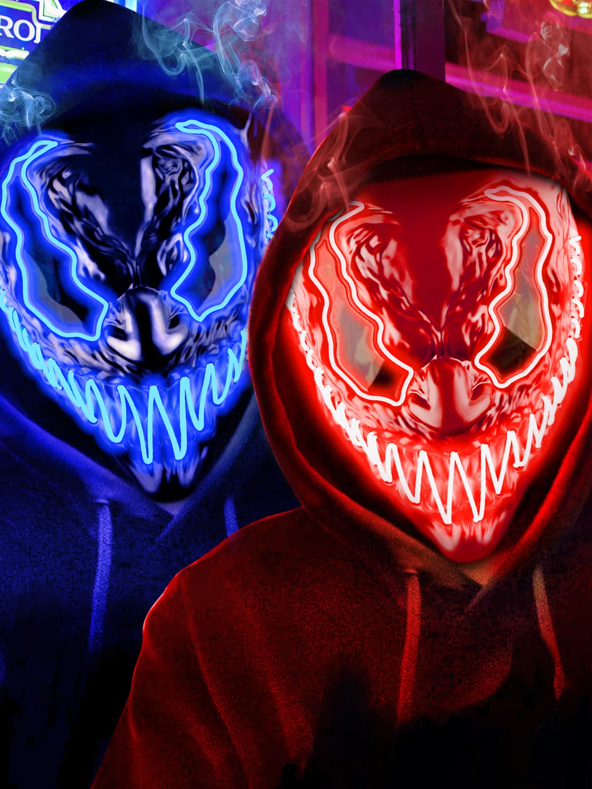 Venobat Mask Halloween LED Light Up Mask for Adults Kids: 2 Pack Dark and Evil Glowing Eyes Neon Mask with 3 Lighting Modes EL Wire - Ideal Gift for Men Women Costume Party - Blue Red