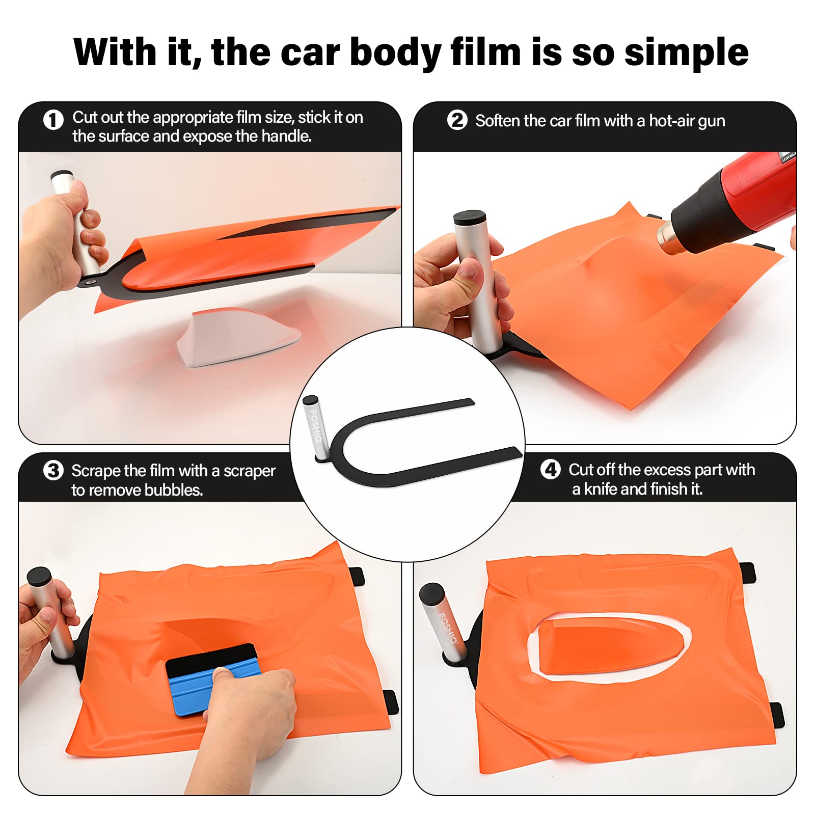 FOSHIO Aluminium U-Sharp Car Mirror Wrap Tool with Handle, Wrap-U-Ezee Vinyl Wrap Window Tint Tools for Bumper, Door Handle,Shark Fin GPS Antenna