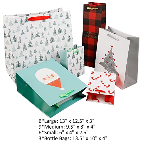 Lulu Home Christmas Wrapping Bags, 24 Packs Assorted Size Art Paper Gift Bags Set with Handles, Xmas Large Medium Small Bottle Bags for Holiday Birthday Present Packaging