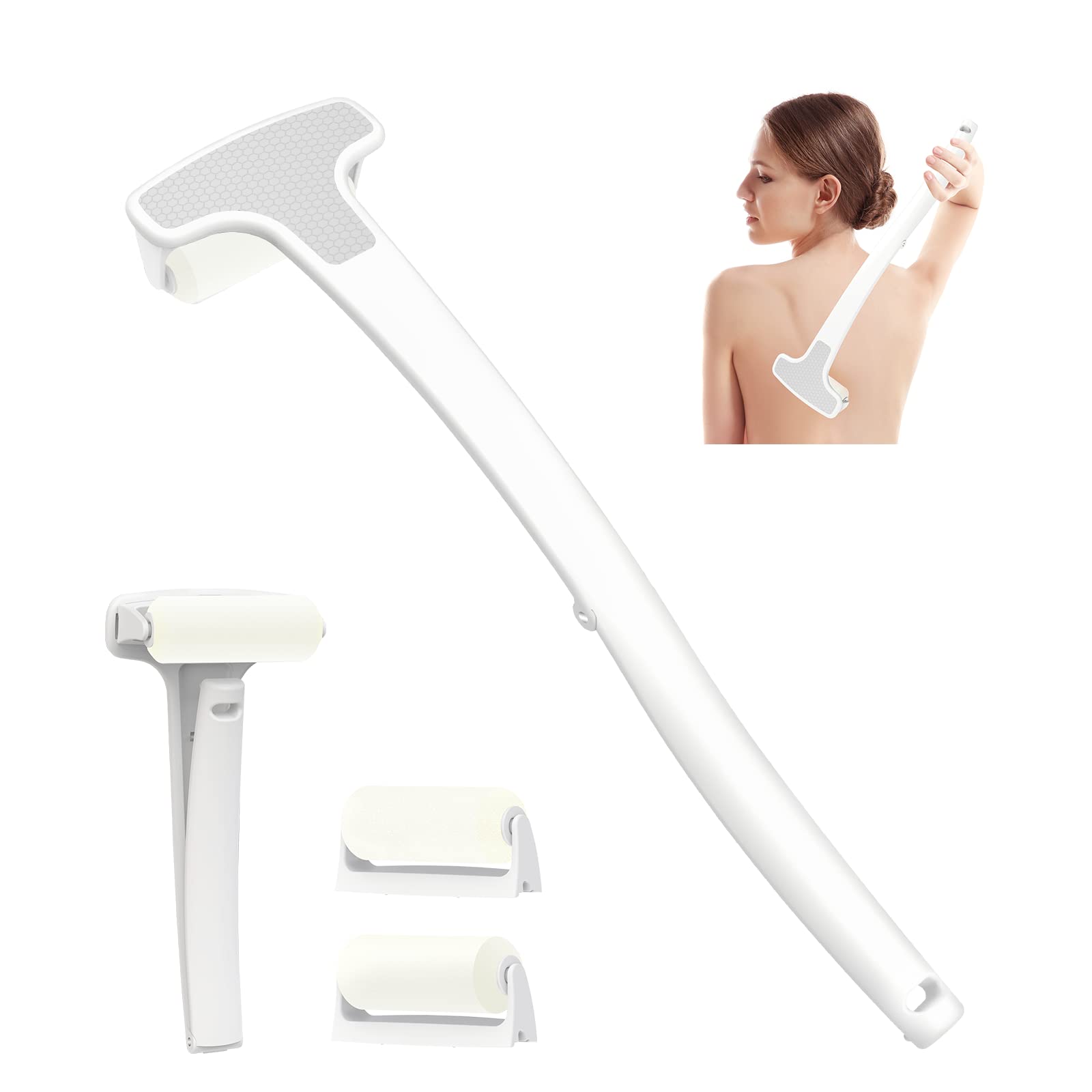 KUMSANITE Lotion Applicator for Back & Body with Folding Curved Long Handle for Any Lotions Sunscreen Cream Medication Ointment for Women Men, 2 Replaceable Foam Rollers with Bracket (White)
