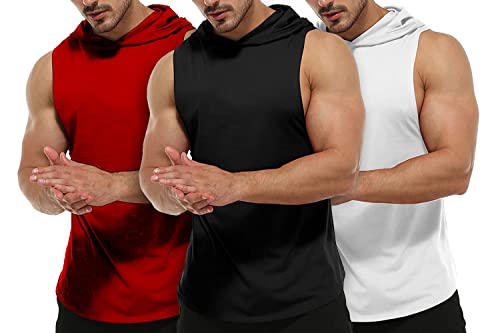 Men's Workout Bodybuilding Hoodies Tshirt Athletic Fitness Training Tank Tops Cotton Gym Hooded Top Cut Off Sleeveless Muscle T-Shirt 3 Pack Black+White+Red L