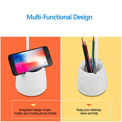 hctaw Desk Lamp LED, Desk Lamps with 3 Lighting Modes and Stepless Dimming, Desk Light 360 ° Flexible Gooseneck with Pen Holder & Mobile Phone Stand for Reading Kids Dorm (White)