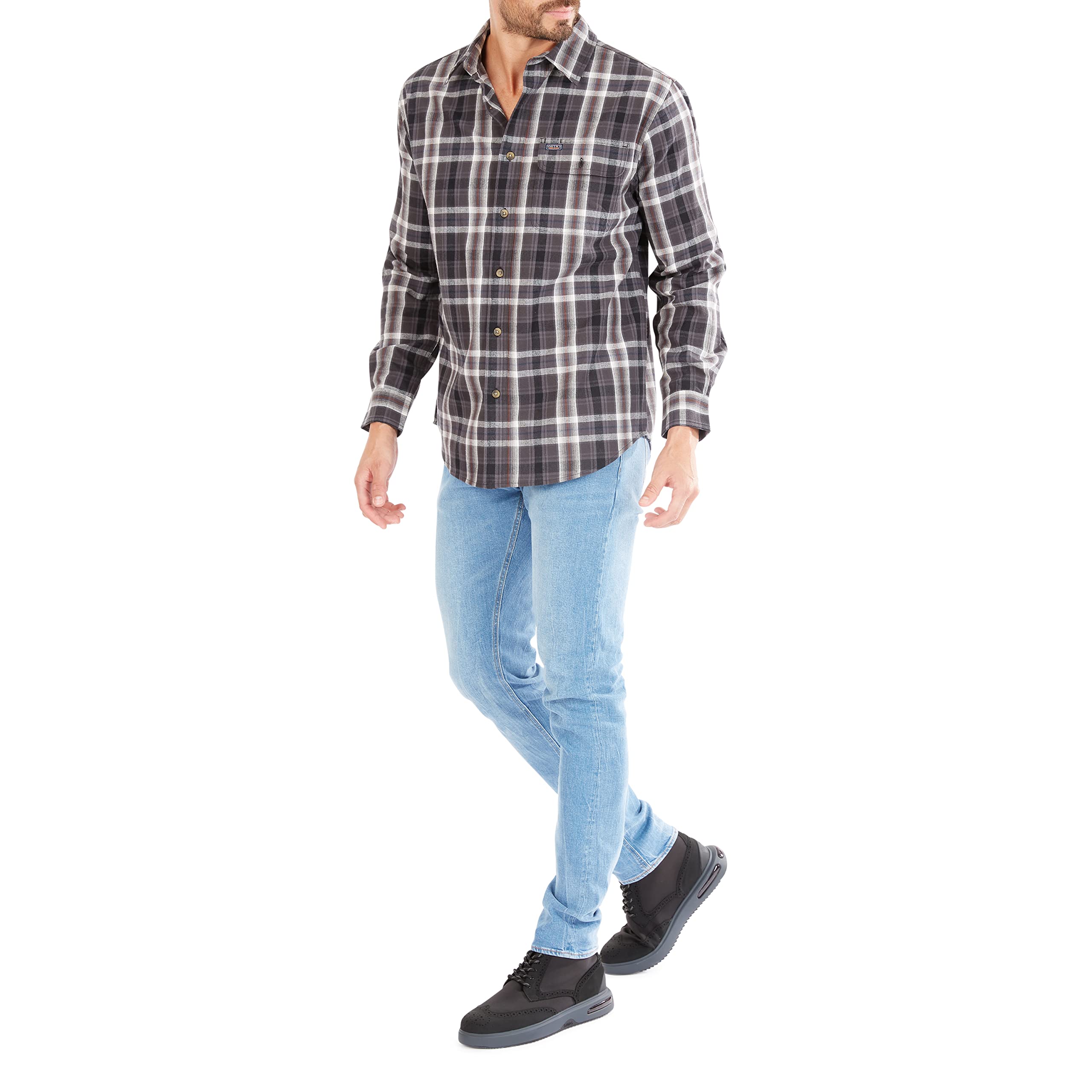 Smith's Workwear Men's Plaid Pocket Flannel Button-Up Shirt, Charcoal-445, XL