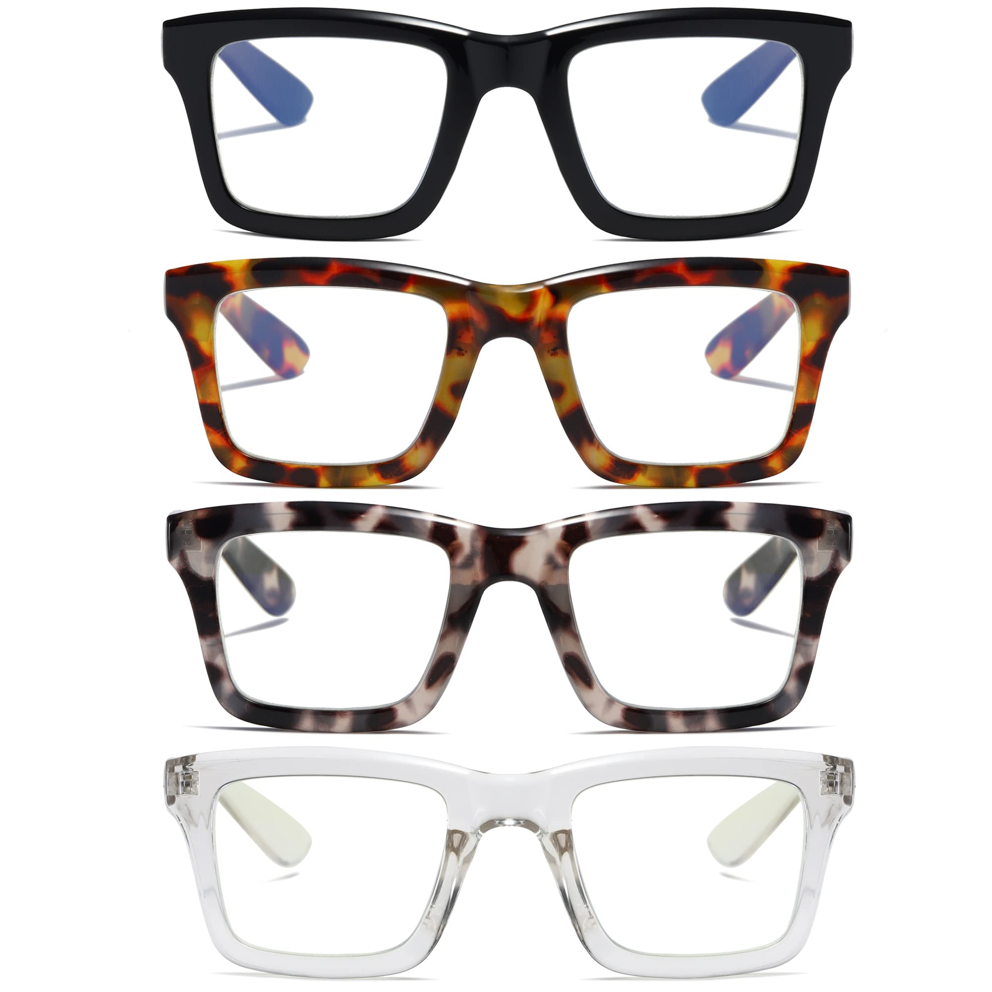 ZXYOO 4 Pack Oprah Style Reading Glasses for Women Men Blue Light Blocking Computer Square Metal Spring Readers +1.0