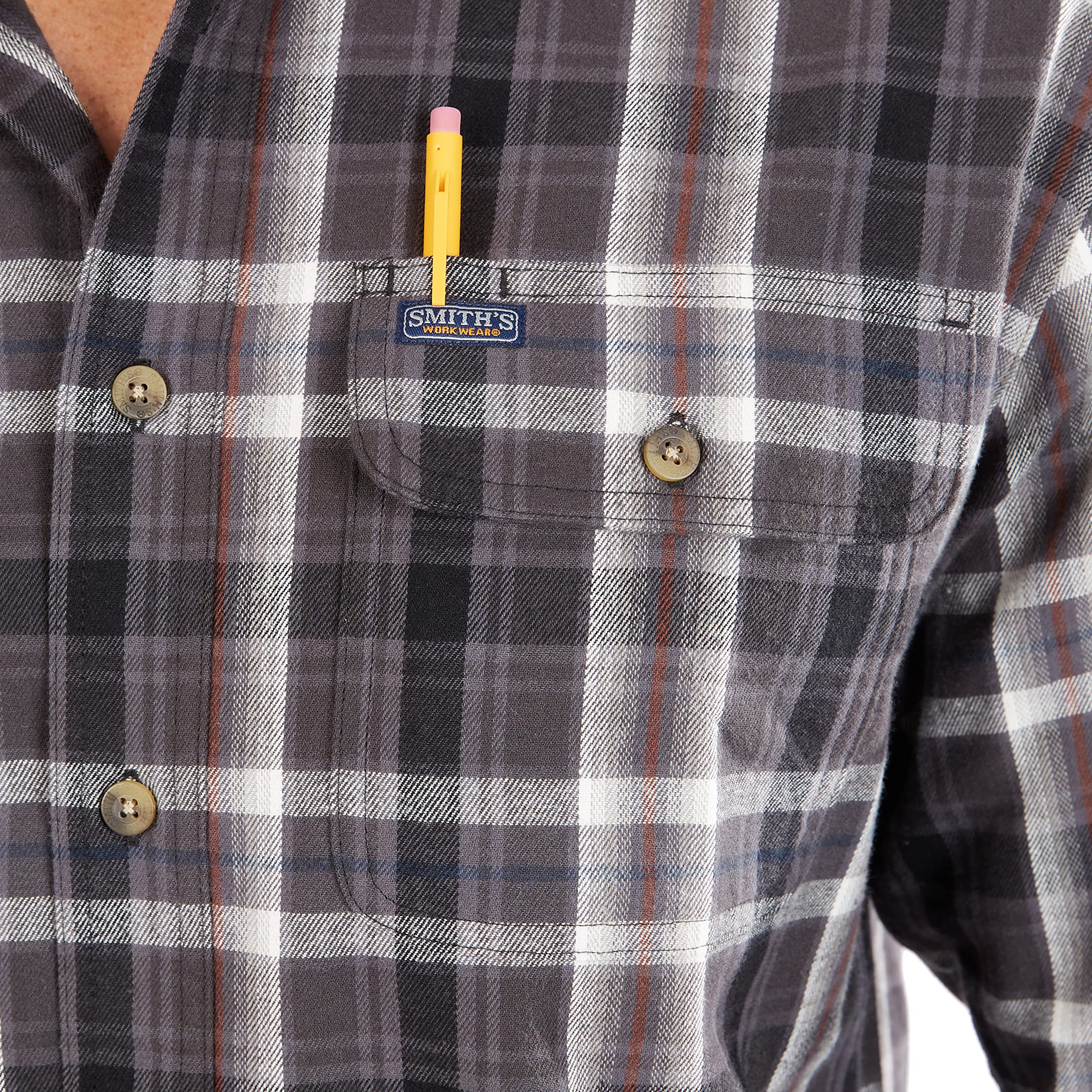 Smith's Workwear Men's Plaid Pocket Flannel Button-Up Shirt, Charcoal-445, XL