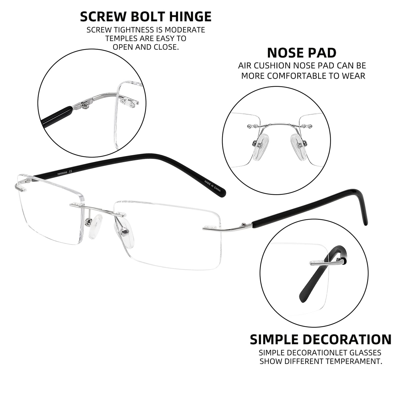 FONHCOO Blue Light Blocking Reading Glasses Anti Blue Ray Unisex Lightweight Rimless Frameless Rectangle Computer Gaming Glasses Anti-Glare, Anti-Fatigue,Anti Eyestrain (Black, 1.75)